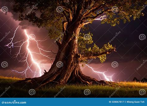 Tree Struck By Lightning In Violent Thunder Storm Stock Illustration