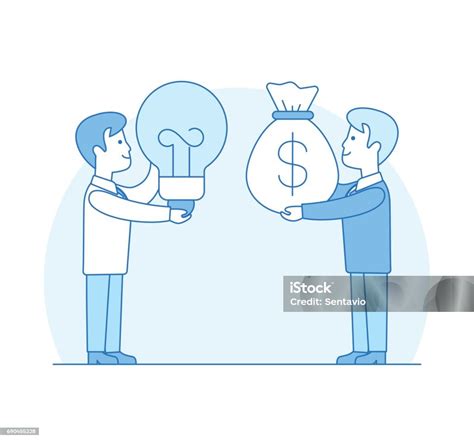 선형 평면 투자자 아이디어 벡터 일러스트 레이 션에 대 한 수익을 제공 돈 가방 램프 및 실업가 문자입니다 사업 투자 개념입니다