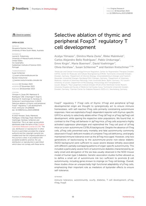 PDF Selective Ablation Of Thymic And Peripheral Foxp Regulatory T Cell Development