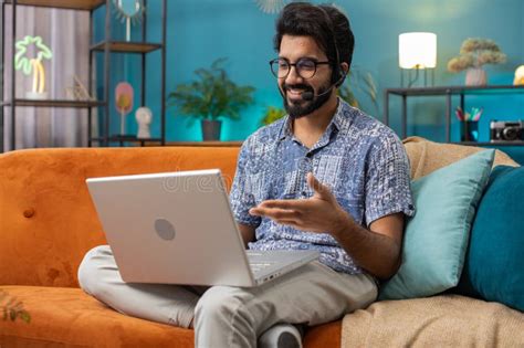 Indian Man Freelance Worker Call Center Or Support Service Operator Helpline Having Talk With