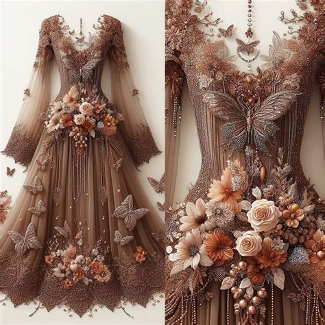 Long Brown Dress Beaded Butterfly Flowers