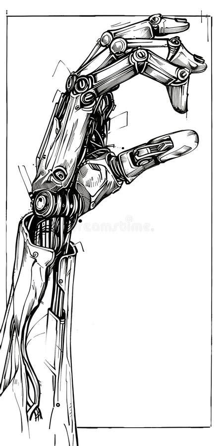 a drawing of a hand with a robot arm and a cup stock illustration