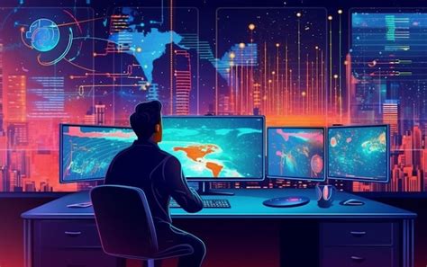 Premium Ai Image A Man Sitting At A Desk With Three Monitors And A