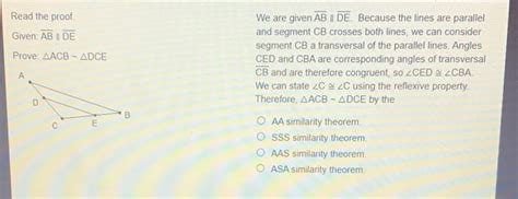 Solved Read The Proof We Are Given Overline Ab Overline De Because The Lines Are Parallel