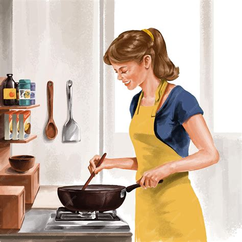 Premium Vector Woman Cooking At The Kitchen Vintage Illustration