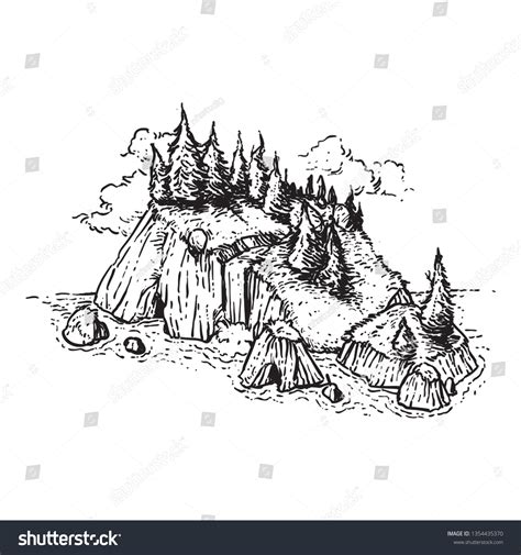 Island Rock Pine Forest Waterfall Sketch Stock Vector Royalty Free 1354435370 Shutterstock