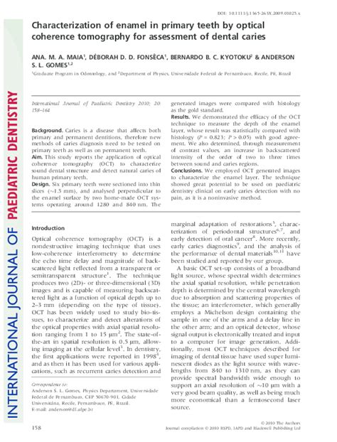 Pdf Characterization Of Enamel In Primary Teeth By Optical Coherence Tomography For Assessment