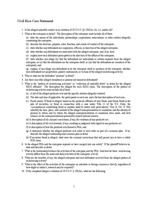 Civil Rico Case Statement Draft Pdf Racketeer Influenced And Corrupt Organizations Act Fraud
