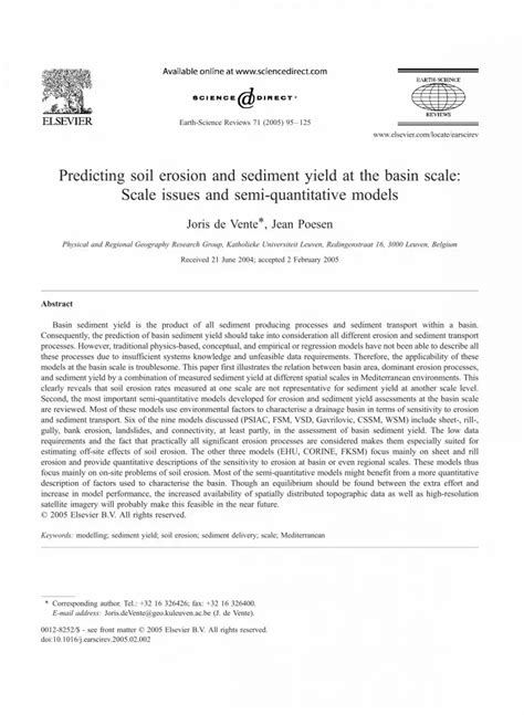 Pdf Predicting Soil Erosion And Sediment Yield At The Basin Scale