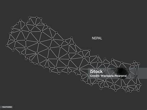 네팔 지도 포인트는 검은 색 배경에 비늘 와이어 프레임 다각형 네트워크 화이트 라인 도트 및 그림자 점 개념에 대한 스톡 벡터 아트 및 기타 이미지 Istock