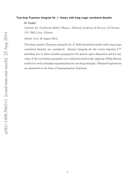 PDF Two Loop Feynman Integrals For Theory With Long Range Correlated Disorder