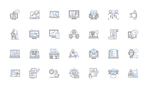 직원 조정 라인 아이콘 모음입니다 협업 커뮤니케이션 조직 위임 동기 부여 리더십 팀워크 벡터 및 선형 그림 효율성 동기화 계획 개요 표지판 세트 개발에 대한 스톡 벡터 아트