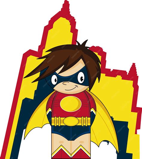 만화 영웅 마스크 슈퍼 히어로 만화 캐릭터와 고층 빌딩 그림 프리미엄 벡터