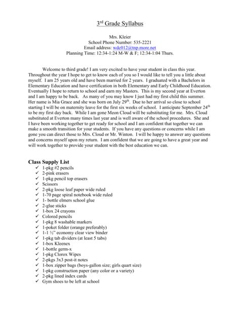 3rd Grade Syllabus Everton R