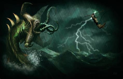 배경 화면 1920x1242 픽셀 생물 디지털 아트 송곳니 판타지 아트 싸움 점프하는 번개 남자 문어 비 바다 괴물 창 폭풍 파도