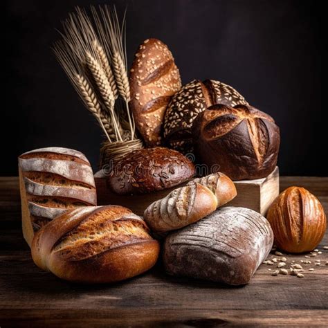 Different Types Of Bread Loaves On Dark Wooden Background Generative Ai Illustration Stock