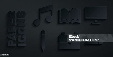 학교 배낭 컴퓨터 모니터 화면 지우개가 달린 연필 지우개 고무 책 및 음악 메모 톤 아이콘을 설정합니다 벡터 3차원 형태에 대한 스톡 벡터 아트 및 기타 이미지 Istock