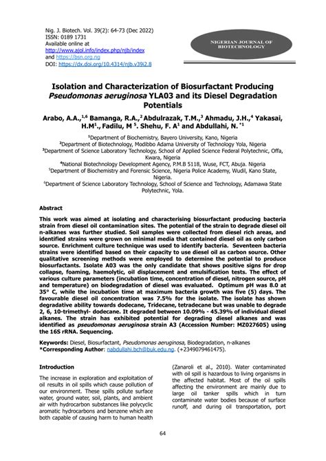 Pdf Isolation And Characterization Of Biosurfactant Producing Pseudomonas Aeruginosa Yla03 And