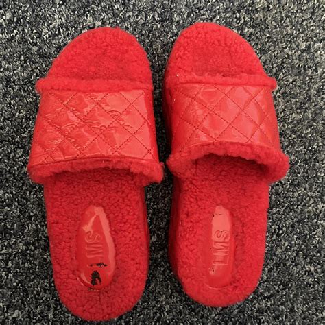 Red Slides With Faux Fur Lining And Quilted Depop