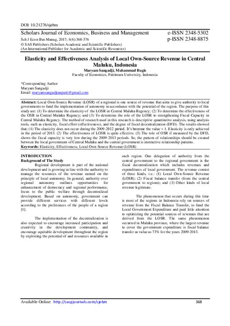 Pdf Elasticity And Effectiveness Analysis Of Local Own Source Revenue In Central Maluku Indonesia