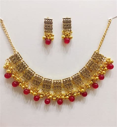 Indian Dull Golden Choker Necklace Set With Red Moti Zv Zeverat Pk
