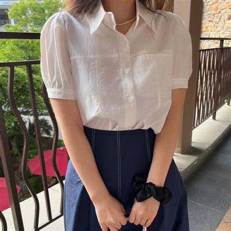 헤이원룩 여름 퍼프 소매 반팔 블라우스 셔링 화이트 소라 러블리