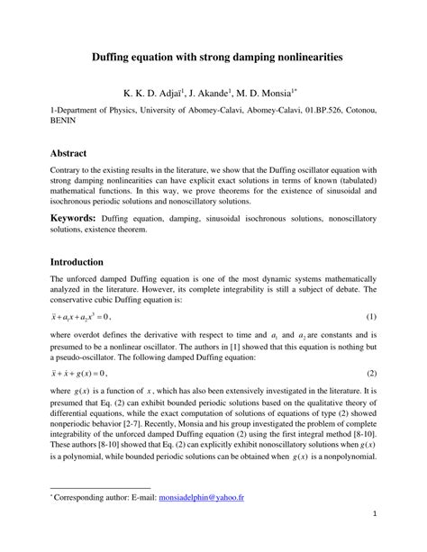 Pdf Duffing Equation With Strong Damping Nonlinearities