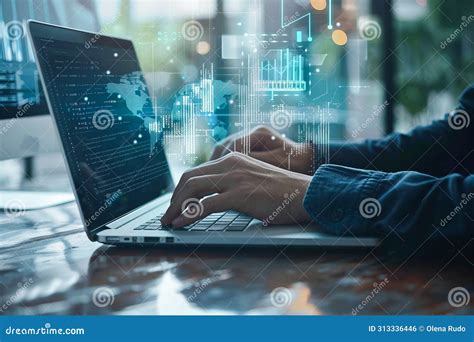 Professional Working On Laptop With Digital Data Visualization Overlay In Modern Office Setting