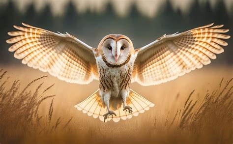 A Barn Owl With Wings Wide Open In Blurred Yellow Grass Background