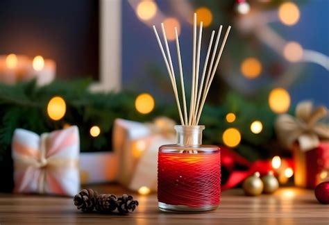 Premium Photo A Reed Diffuser And Scented Candle On A Wooden Table