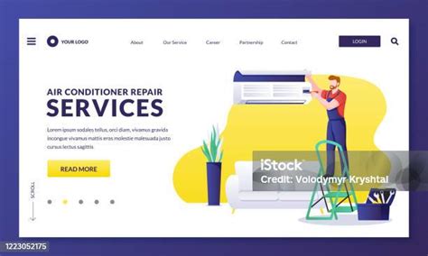 에어컨 수리 및 설치 서비스 기술자 작업자 고정 컨디셔닝 장비 벡터 일러스트레이션 기술자에 대한 스톡 벡터 아트 및 기타 이미지