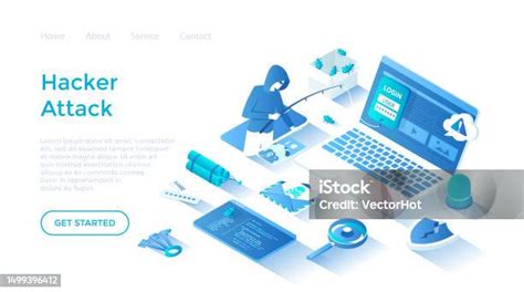 해커 공격 해커는 신용 카드를 훔칩니다 도둑은 노트북에 개인 정보를 낚시합니다 바이러스 스팸 및 보안 해킹 개념입니다 흰색 배경에 웹을 위한 랜딩 페이지 템플릿입니다 3차원
