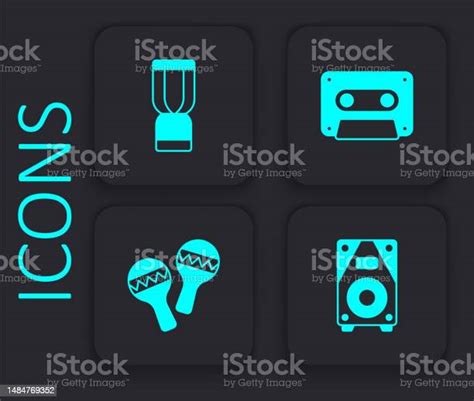 스테레오 스피커 아프리카 젬베 드럼 레트로 오디오 카세트 테이프 및 마라카스 아이콘을 설정합니다 검은색 사각형 버튼입니다 벡터