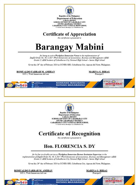Work Immersion Certificate Of Appreciation Recognition Pdf Philippines Public Administration