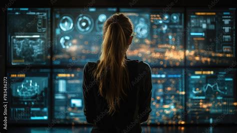 Female Technician Analyzing Data On Large Control Room Screens Stock Illustration Adobe Stock