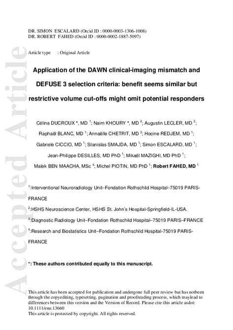 Pdf Application Of The Dawn Clinical Imaging Mismatch And Defuse 3 Selection Criteria Benefit