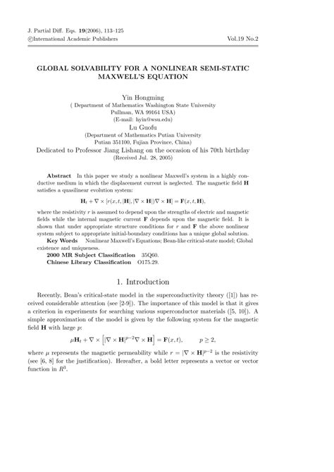 Global Science Press Global Solvability For A Nonlinear Semi Static