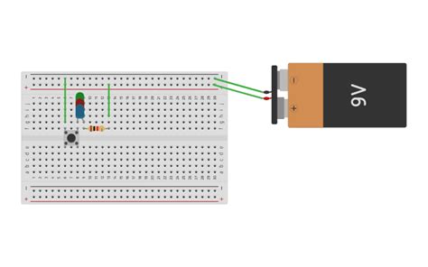 circuit design 3 led con un push botton tinkercad