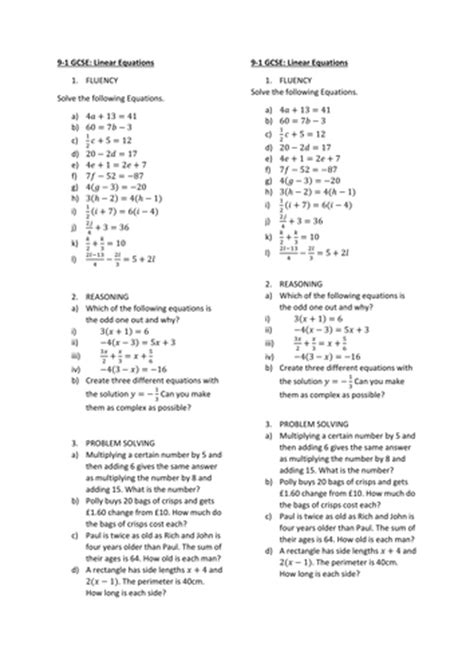 new maths 9 1 gcse fluency reasoning problem solving linear equations