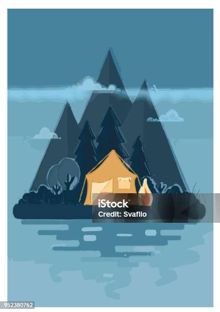 Berkemah Di Malam Hari Dengan Lanskap Gunung Dan Danau Ilustrasi Stok Unduh Gambar Sekarang