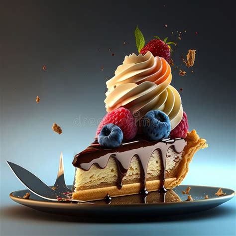 Slice Of Pie With Whipped Cream And Berries On Top Generative Ai Stock