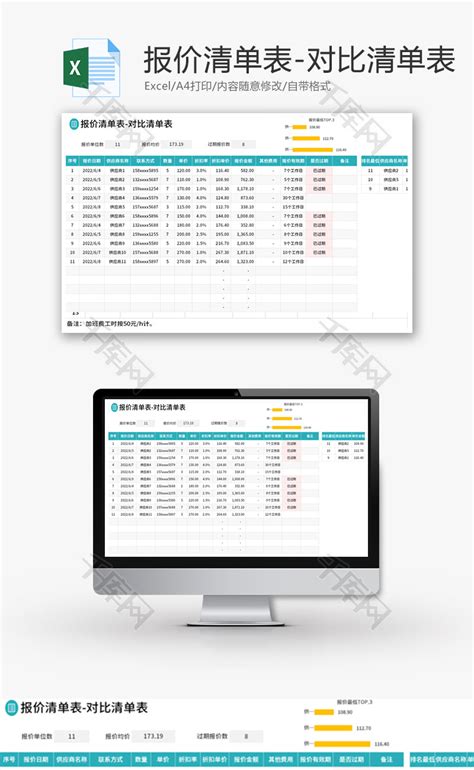 报价对比清单表excel模板 免费excel表格模板下载 千库网