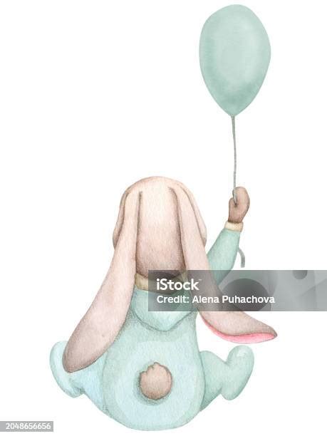 공기 풍선을 가진 귀여운 아기 토끼 어린이용 일러스트입니다 손으로 그린 수채화입니다 베이비 샤워 생일 어린이 파티 인쇄 초대장 포스터 인사말 카드 로고 등을 위한 디자인