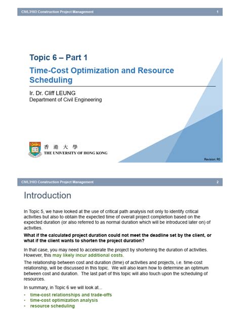 Topic 6 Time Cost Optimization And Resource Scheduling Part 1 R0