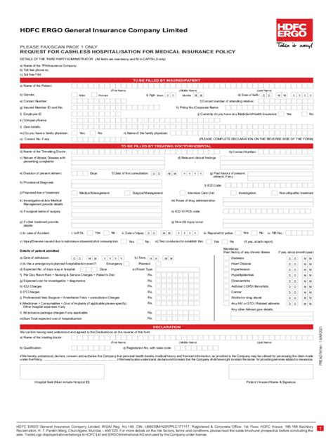 Fillable Online Get The Free Pre Authorization Form For Cashless Claim HDFC ERGO Fax Email