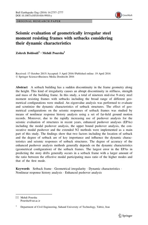 Pdf Seismic Evaluation Of Geometrically Irregular Steel Moment Resisting Frames With Setbacks