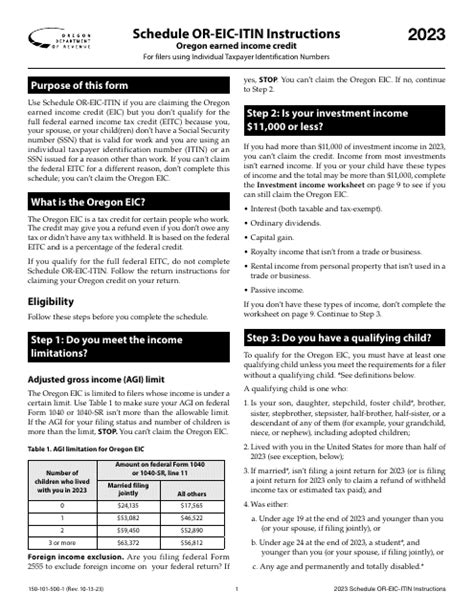 Download Instructions For Form Schedule OR EIC ITIN Oregon Earned Income Credit PDF