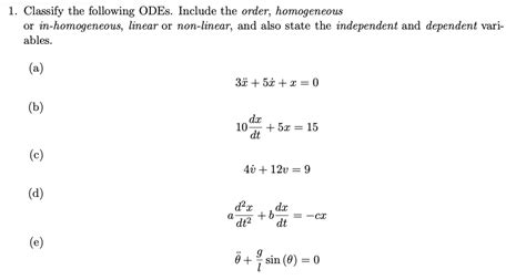 solved 1 classify the following odes include the order