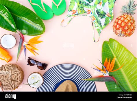 Summer Flat Lay Top View Frame With Beach Accessories Frame On Pink
