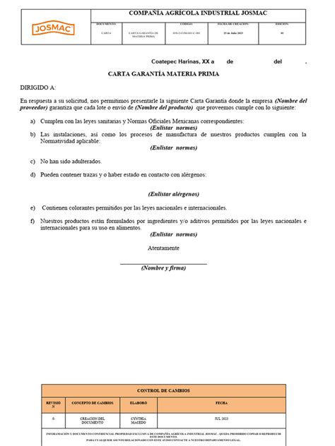 Jos 2 Com 001 C 001 Carta De Garantía De Materia Prima Pdf